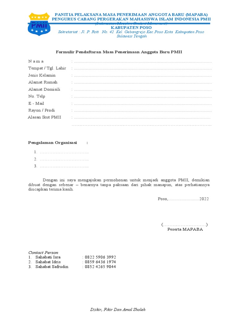 Formulir Pendaftaran Pmii 2022 | PDF