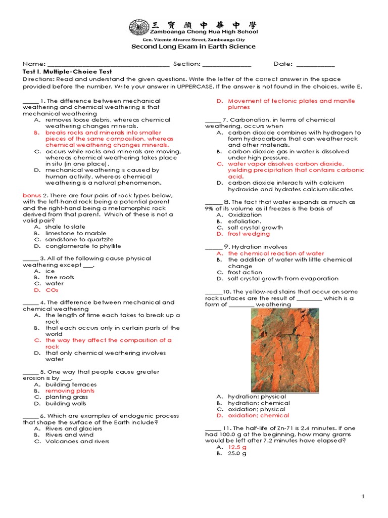 Second Long Test Answer Key | PDF | Weathering | Rock (Geology)