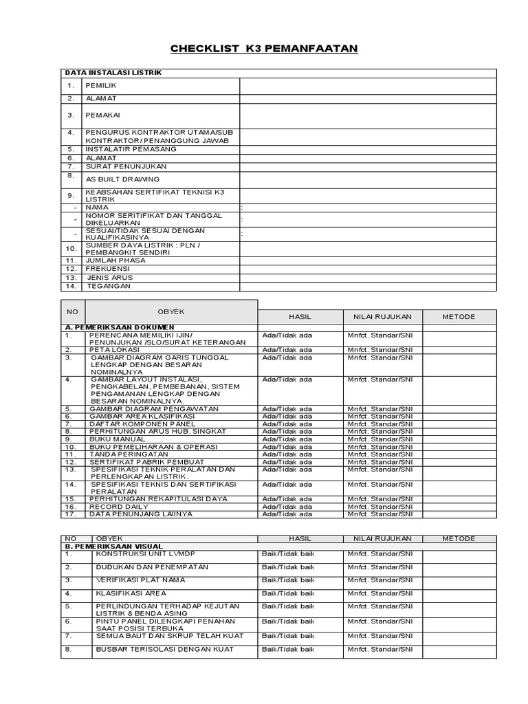Checklist K3 Instalasi Listrik | PDF | Sains & Matematika | Komputer