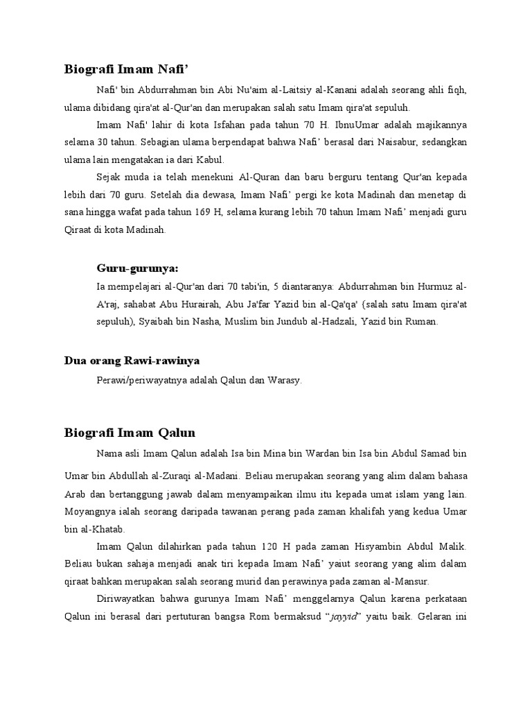 Biografi Imam Nafi Dan Imam Qalun | PDF