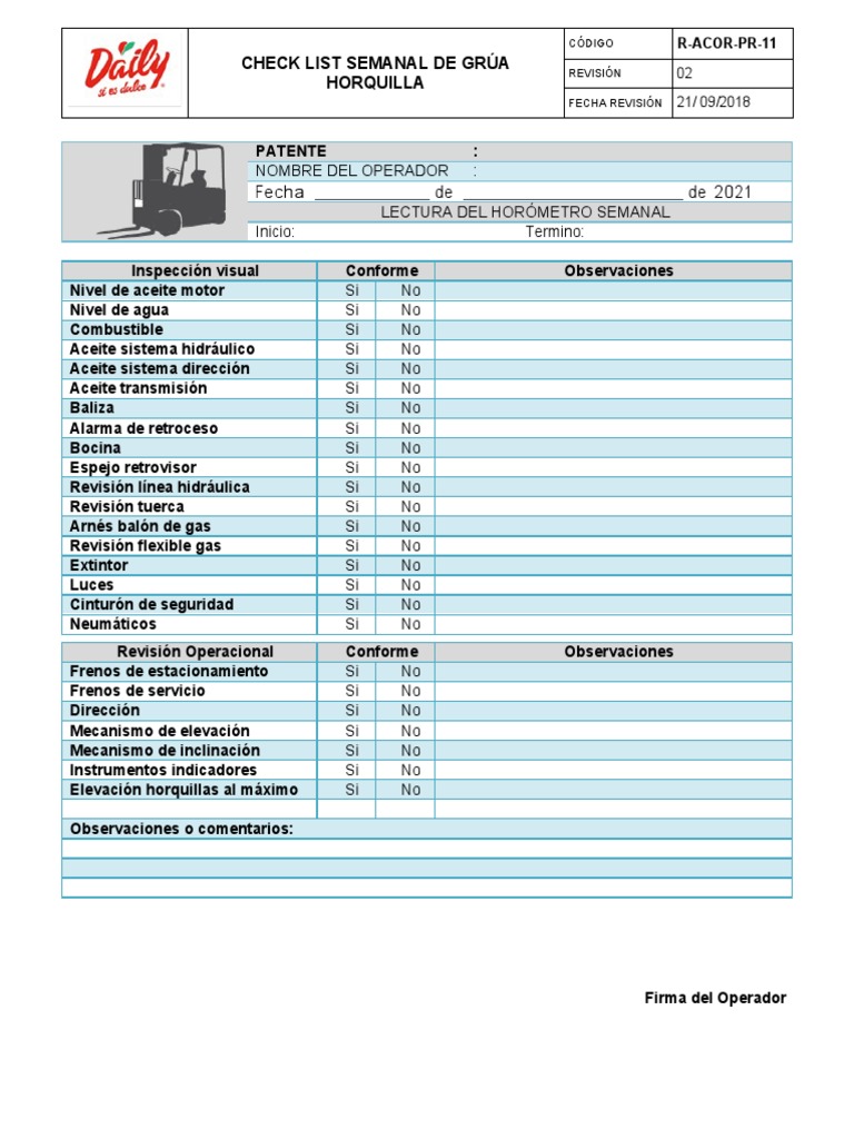 R-ACOR-PR-11 Registro Check List de Grúa Horquilla | PDF