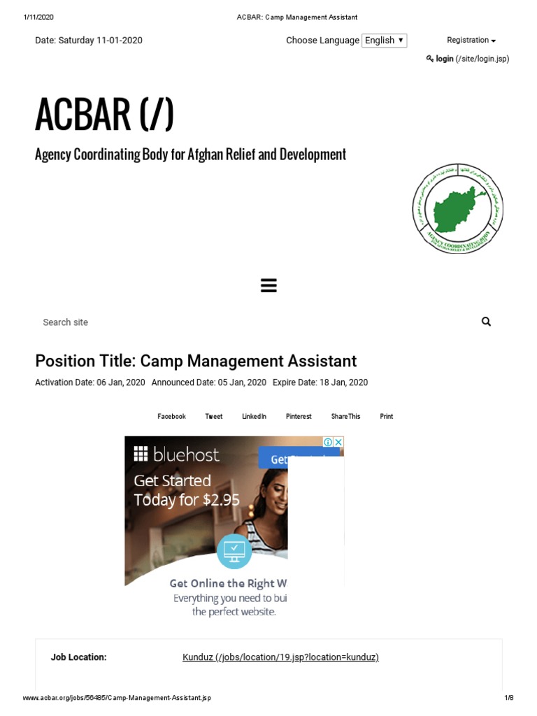 ACBAR - Camp Management Assistant | PDF | Internally Displaced Person ...