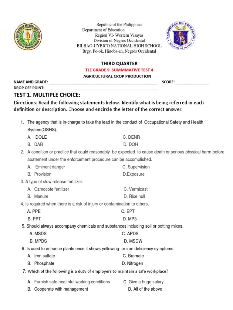 Grade 9 TLE Agricultural Test Guide | PDF | Occupational Safety And ...
