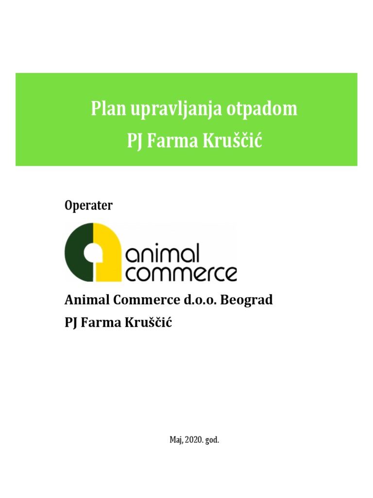 Plan Upravljanja Otpadom - Animal Commerce, PJ Farma Kruscic - Alternativni Uzgoj Koka Nosilja | PDF