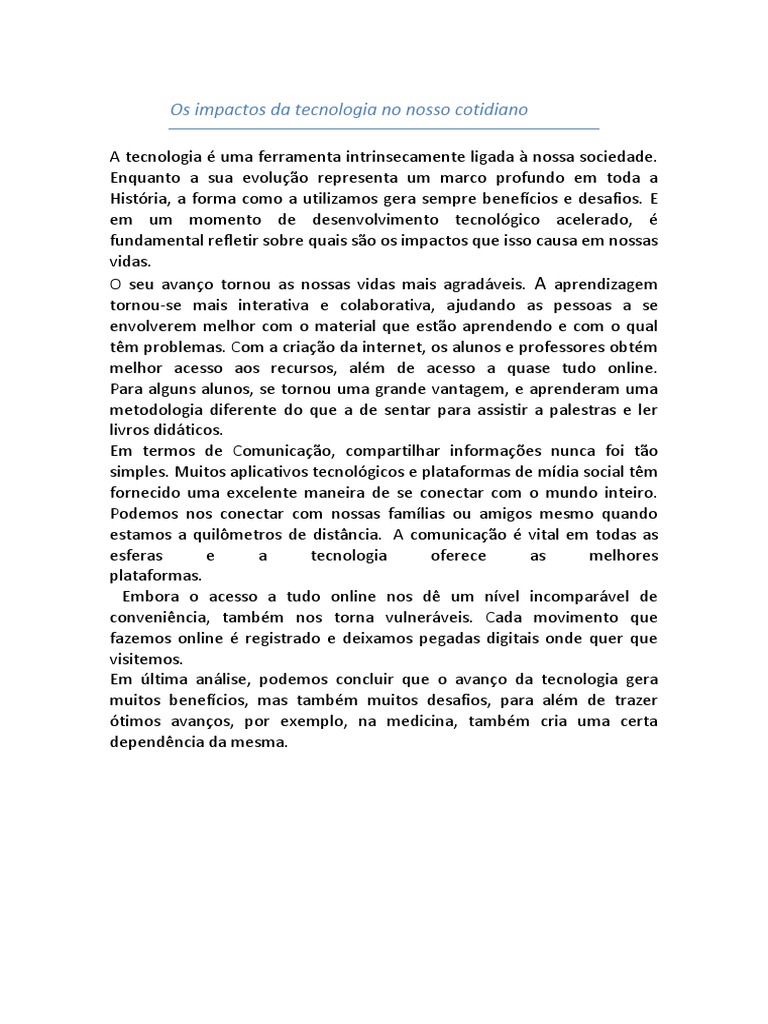 Os Impactos Da Tecnologia No Nosso Cotidiano | PDF