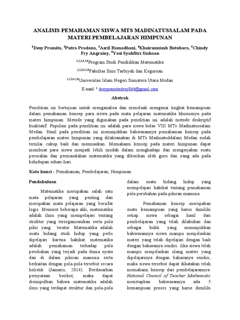 Analisis Pemahaman Siswa MTS Madinatussalam Pada Materi Pembelajaran Himpunan | PDF