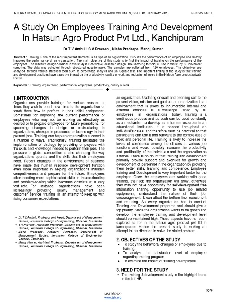 A Study On Employees Training and Development in Hatsun Agro Product PVT LTD Kanchipuram | PDF ...