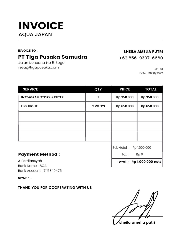 (AQUA JAPAN) INVOICE Sheila Amelia Putri | PDF