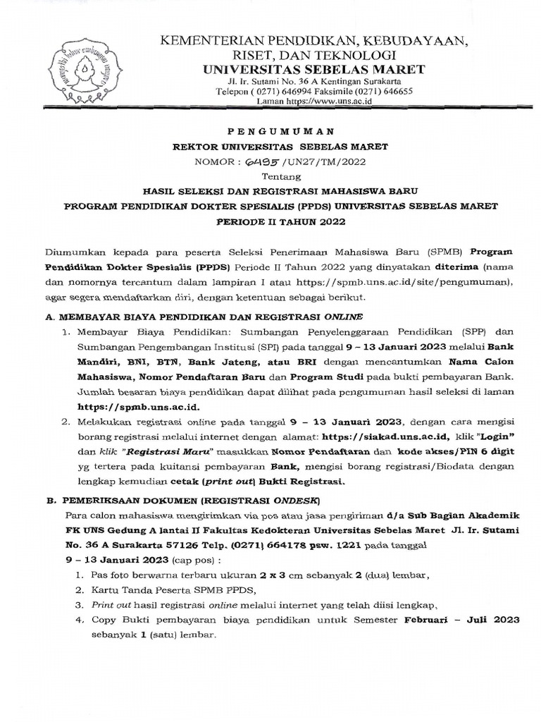 6495.pengumuman Rektor UNS Tentang Hasil Seleksi PPDSS Ilmu Penyakit Dalam UNS Periode II Tahun ...
