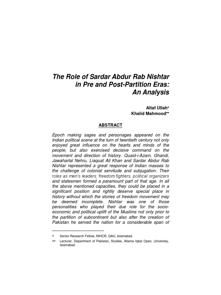 The Role Sardar Abdur Rab Nishtar | PDF | Muhammad Ali Jinnah | Pakistan