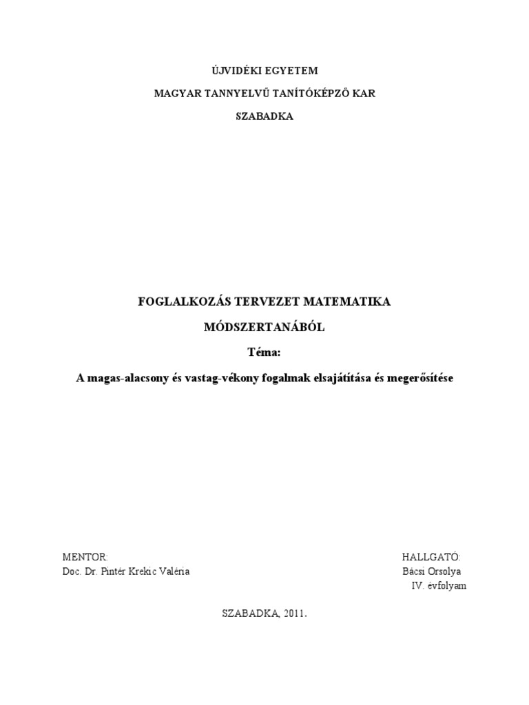 Foglalkozás Tervezet Matematika | PDF