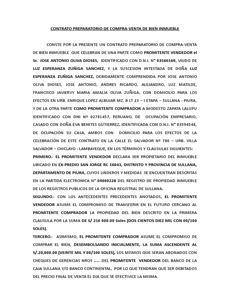 Contrato preparatorio de compra-venta de un inmueble ubicado en Sullana, Piura | PDF | Ley común