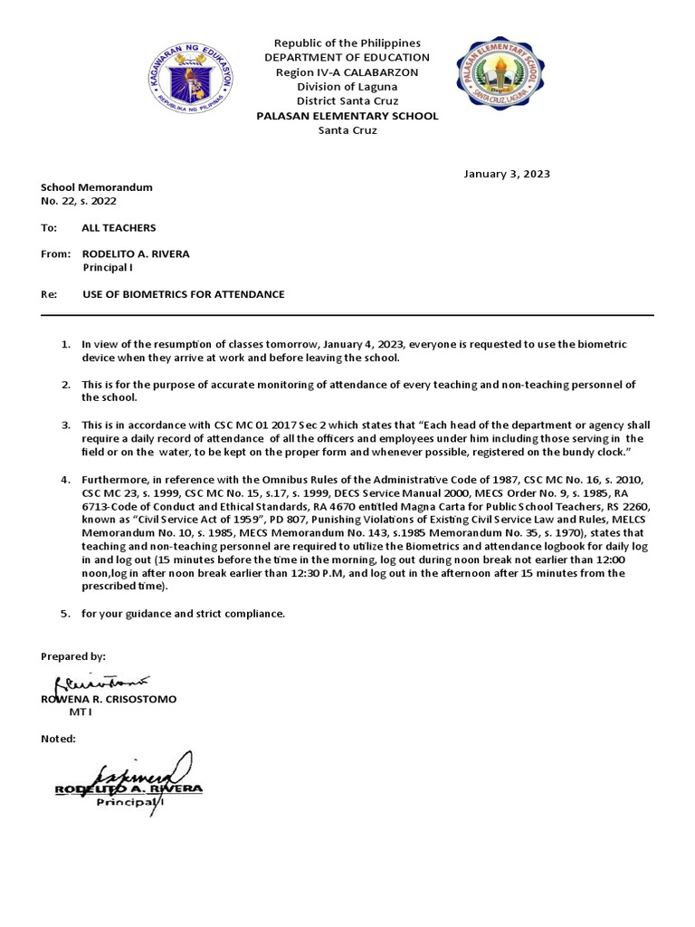 SCHOOL-MEMO ON USING BIOMETRIC 1-s.-2023 | PDF | Justice | Crime & Violence
