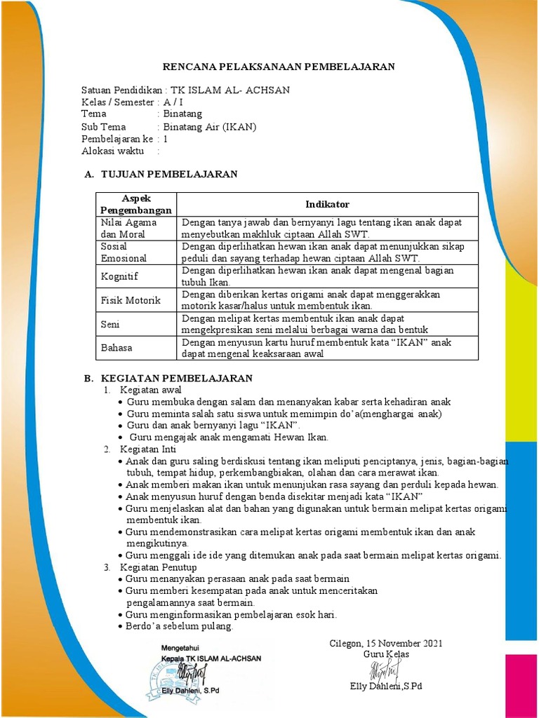 RPP TK Paud Tema Ikan | PDF | Seni & Disiplin Bahasa