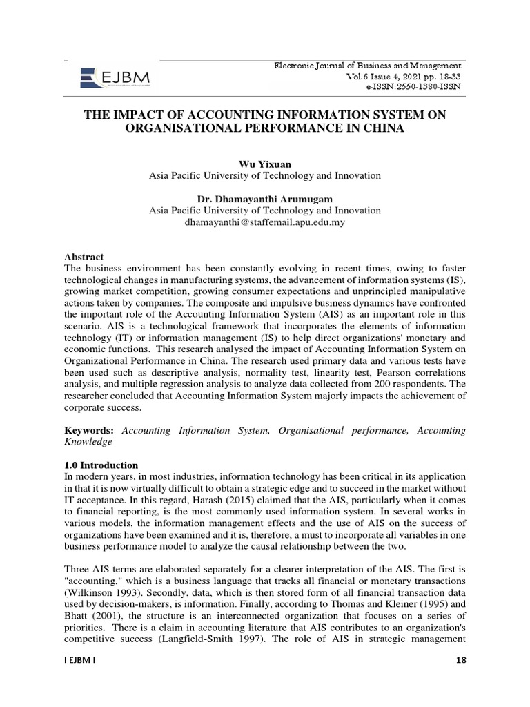 Paper 2 The Impact Of Accounting Information System On Organisational Performance In China Pdf