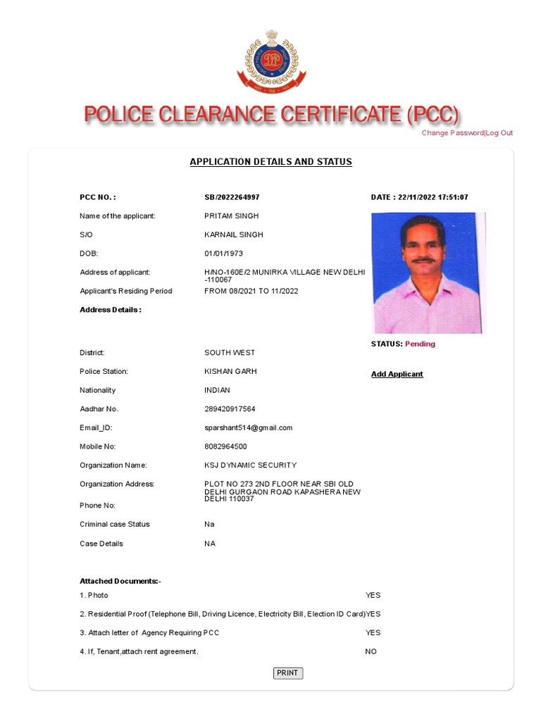 PCC Application Status for Pritam Singh | PDF