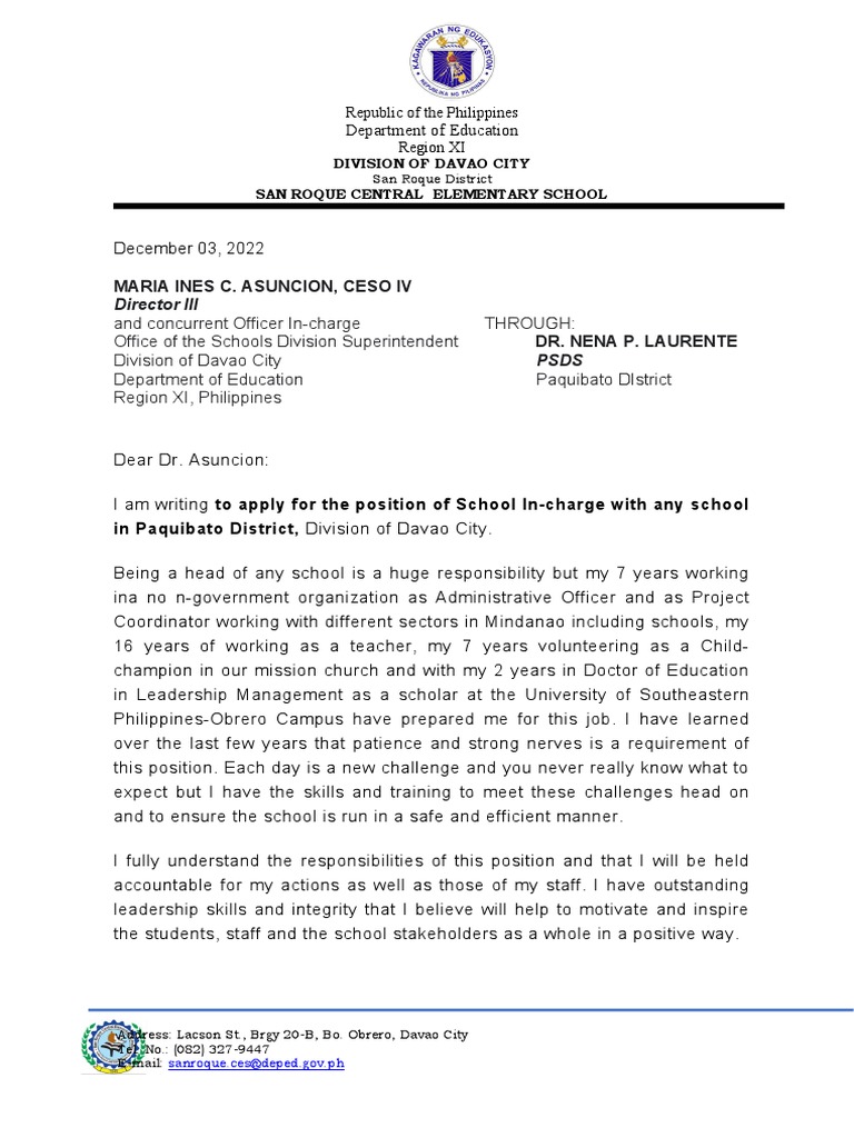 EDD 314 - Rubylyn Renegado - Assignment 14 - Application Letter As A School Leader | PDF ...