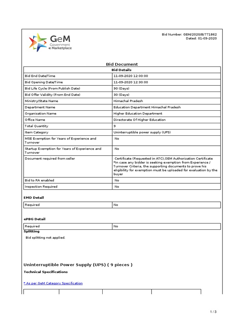 GeM Bidding 1854327 | Download Free PDF | Physical Quantities | Electrical Engineering