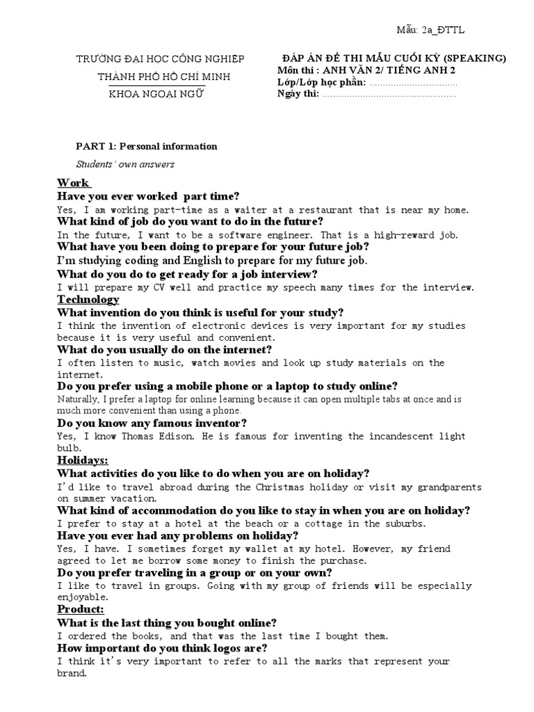 Key - Sample Final Speaking Test - English 2 | PDF