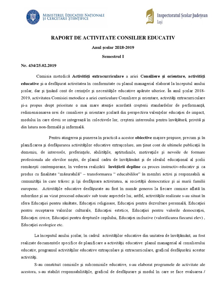 Raport Activitate Consilier Educativ Sem I 2018 2019 | PDF