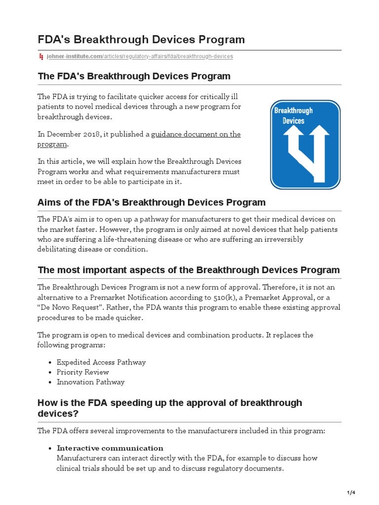 FDAs Breakthrough Devices Program | PDF | Food And Drug Administration | Federal Food