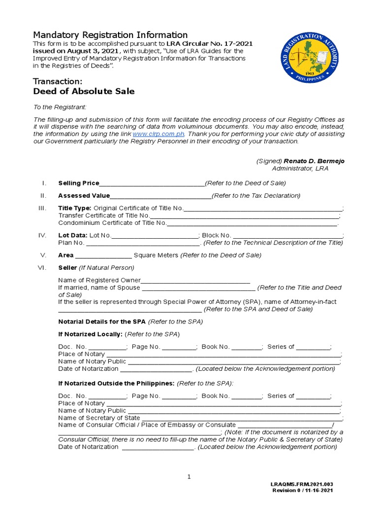 Deed of Absolute Sale Final From Lra | PDF | Notary Public | Power Of ...