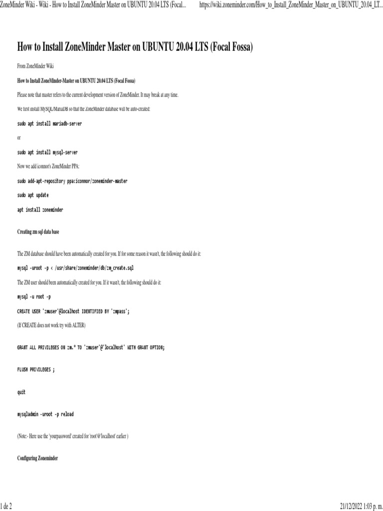 Install ZoneMinder Master on Ubuntu 20.04 | PDF | My Sql | Wiki