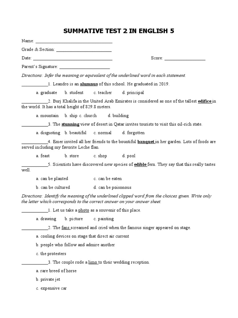 Summative Test 2 in English 5: Interpreting Meanings and Identifying ...