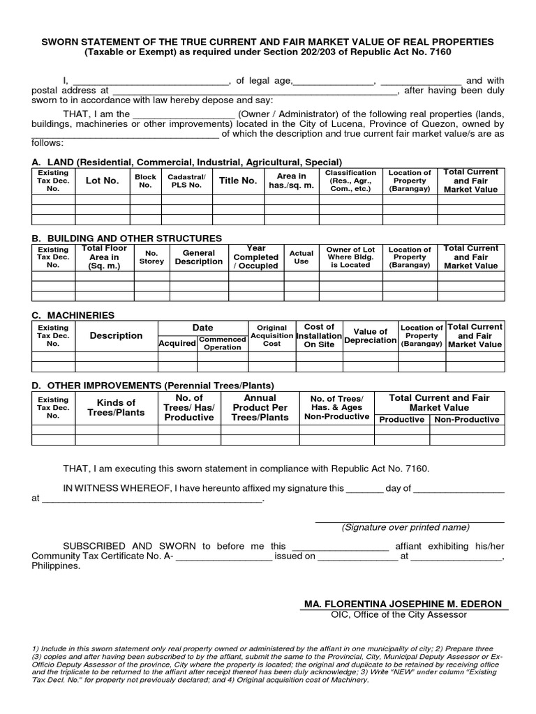 Sworn Statement of The True Current and Fair Market Value of Real ...