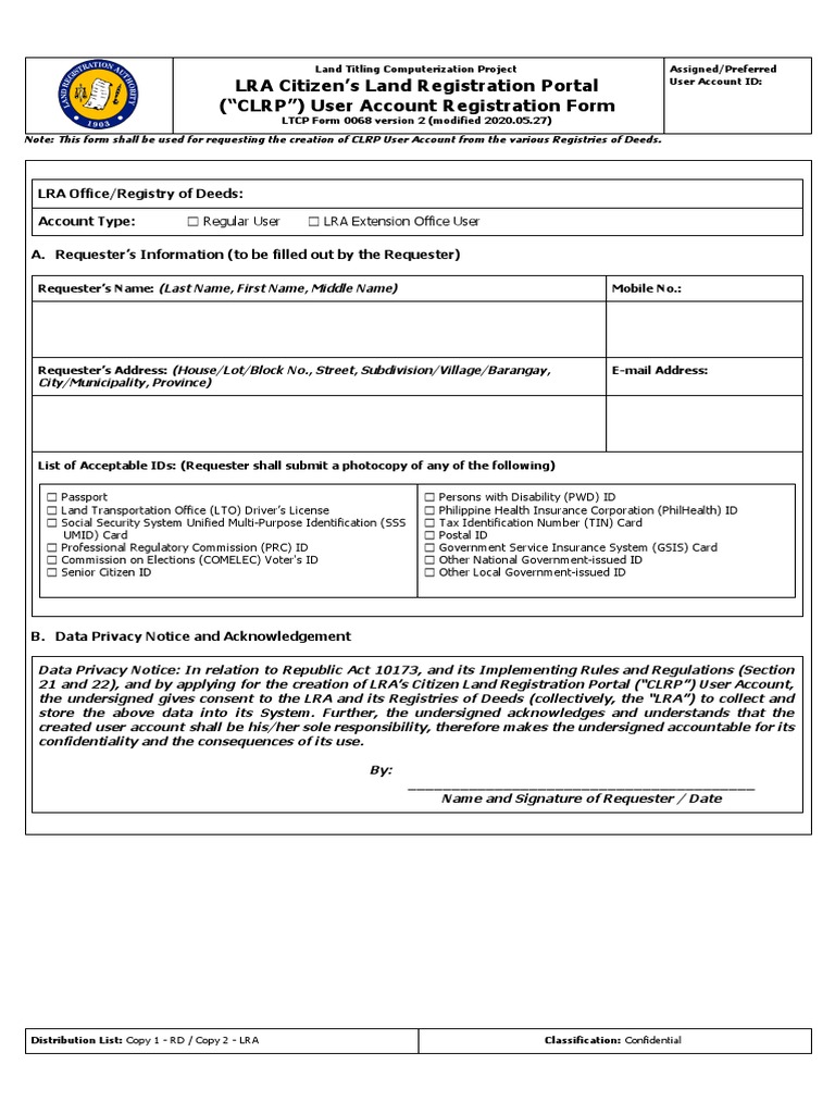 CLRP User Account Registration From Lra | PDF | Identity Document | Government