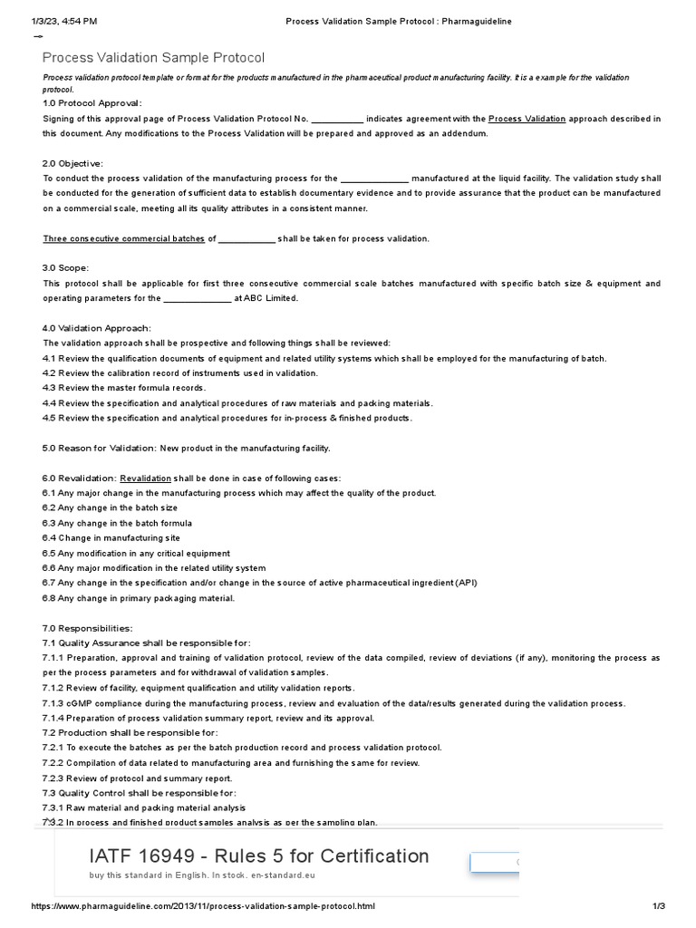 Process Validation Sample Protocol _ Pharmaguideline | PDF | Verification And Validation ...