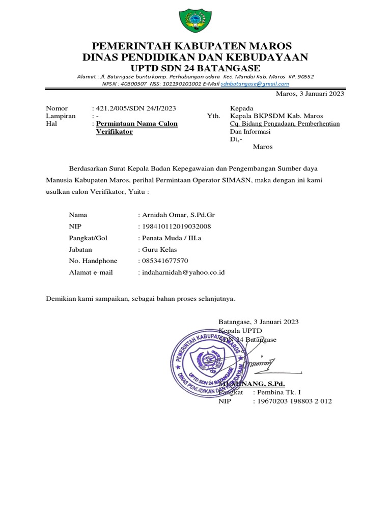 Usulan Verifikator Simasn SDN 24 Batangase | PDF
