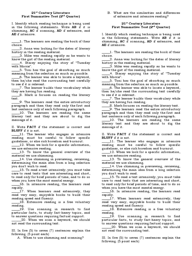 Second Quarter Summative 21st Century Literature | PDF | Speed Reading | Human Communication