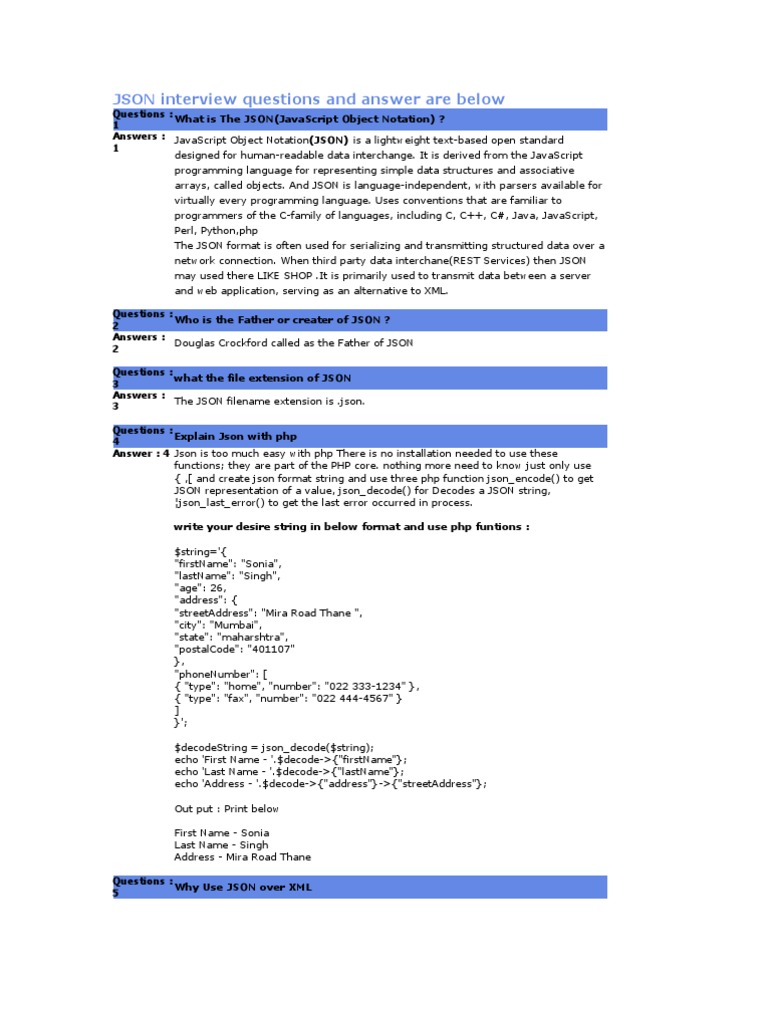 Json Interview Questions And Answer Are Below What Is The Json Javascript Object Notation