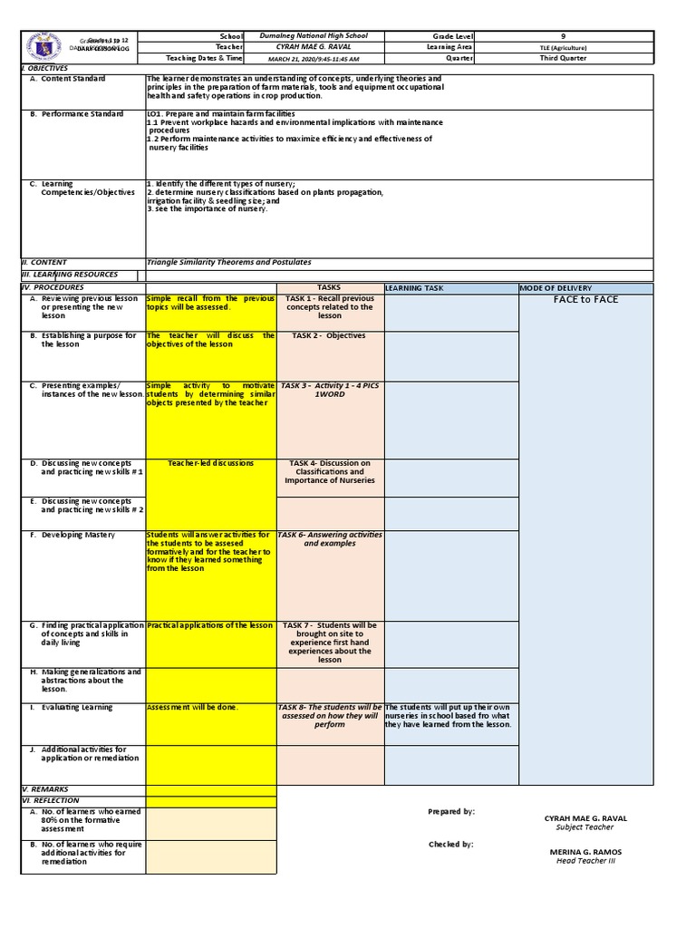 Grade 9 q3 Agri Week 7 f2f DLL | PDF | Learning | Teachers
