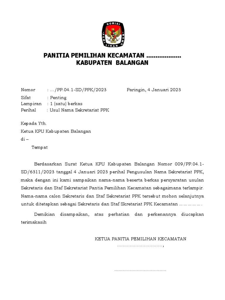 Format Contoh Surat Panitia Pemilihan Kecamatan | PDF