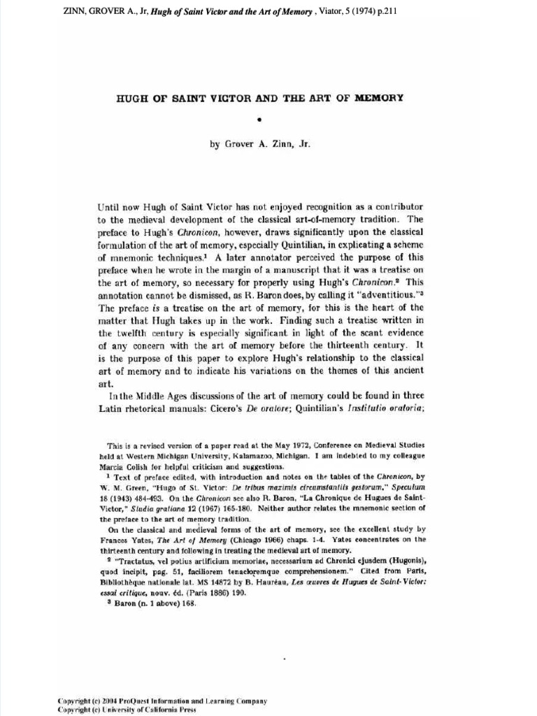 Zinn, G.A. - Hugh of ST Victor and The Art of Memory | PDF | Social Science