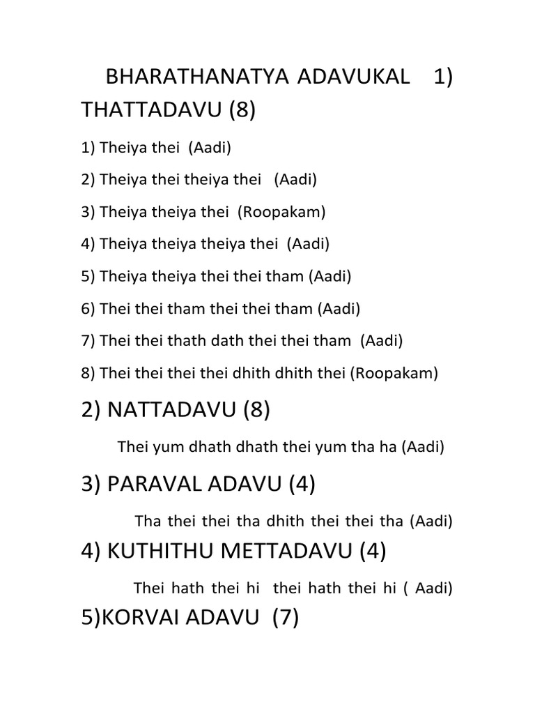Bharatanatyam Adavus Overview | PDF | Travel | Foreign Language Studies