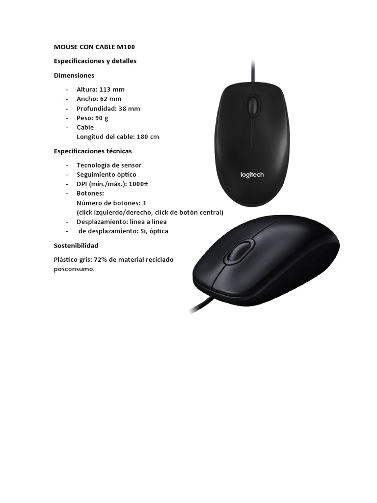 Mouse con Cable M100: Especificaciones y Sostenibilidad | PDF