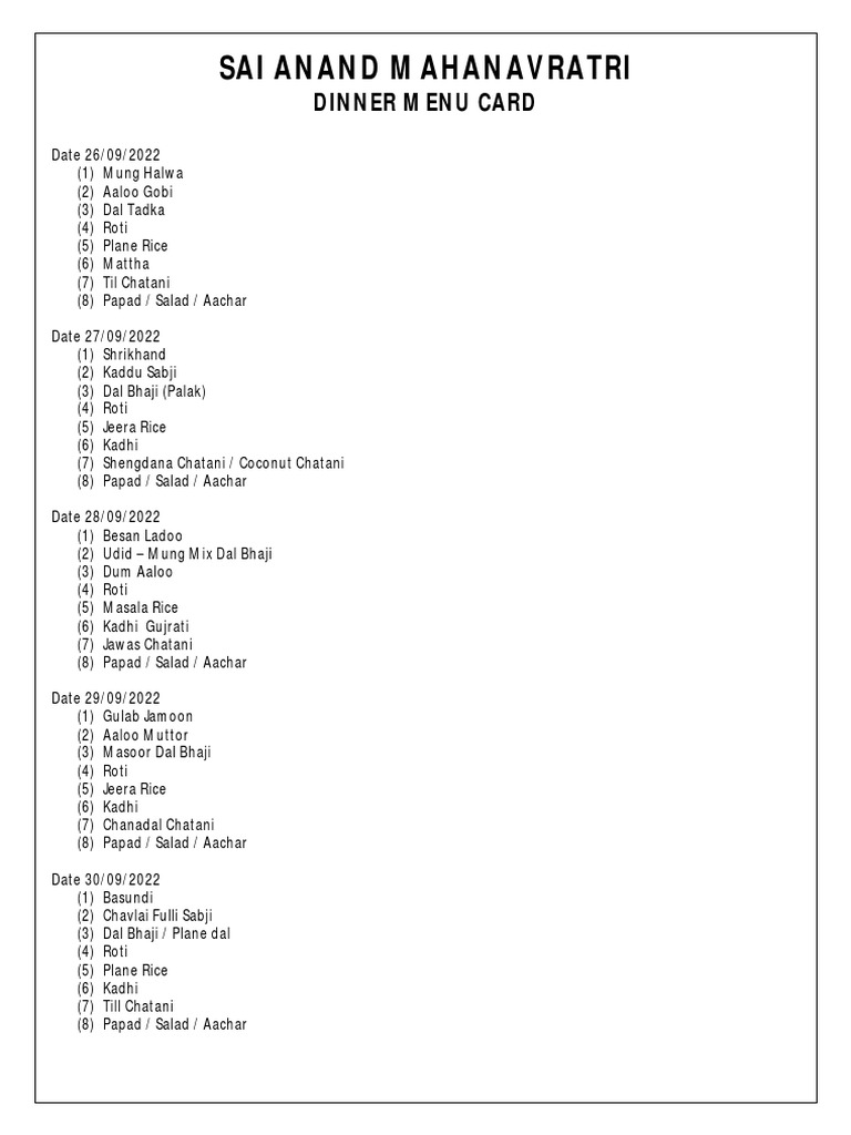 Navratri Dinner Menu Card | PDF