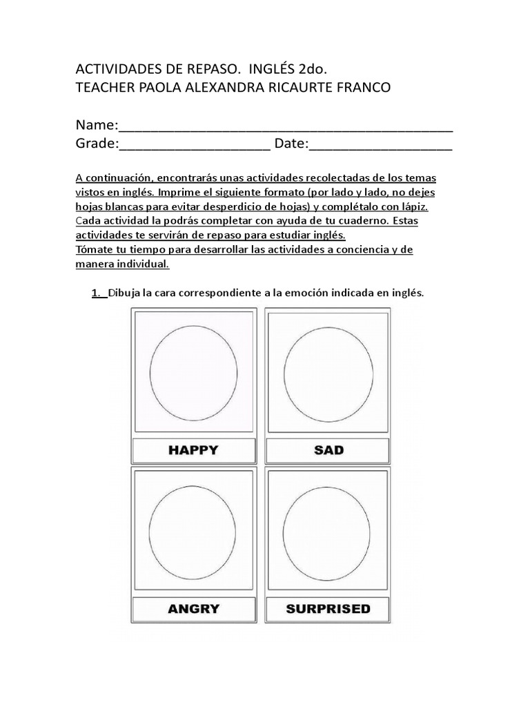 Actividades De Repaso Inglés 2do Pdf