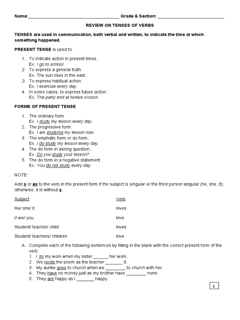 SET A - TENSES OF VERB Lessons and Activities | PDF | Grammatical Tense ...