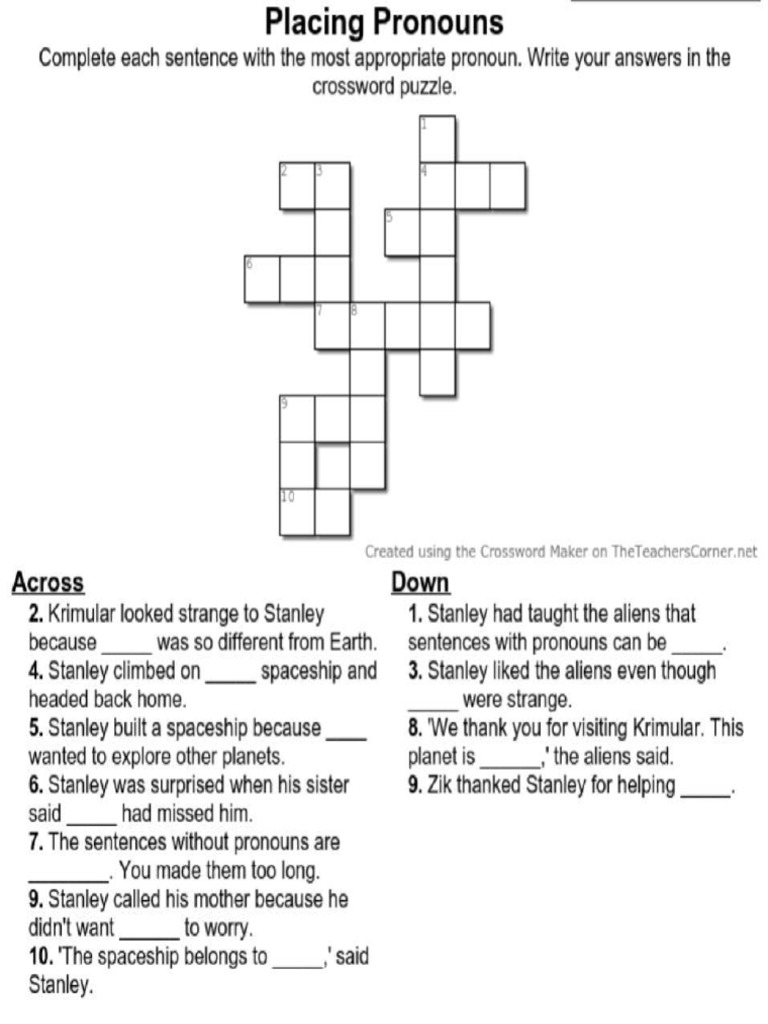 Offline Task - Pronouns Crossword Puzzle | PDF