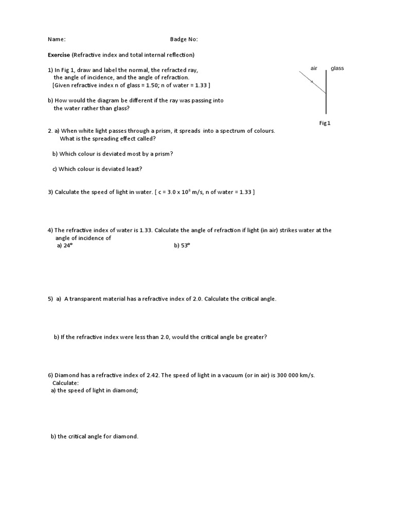 Exercise Refractive Index Total Internal Reflection Pdf