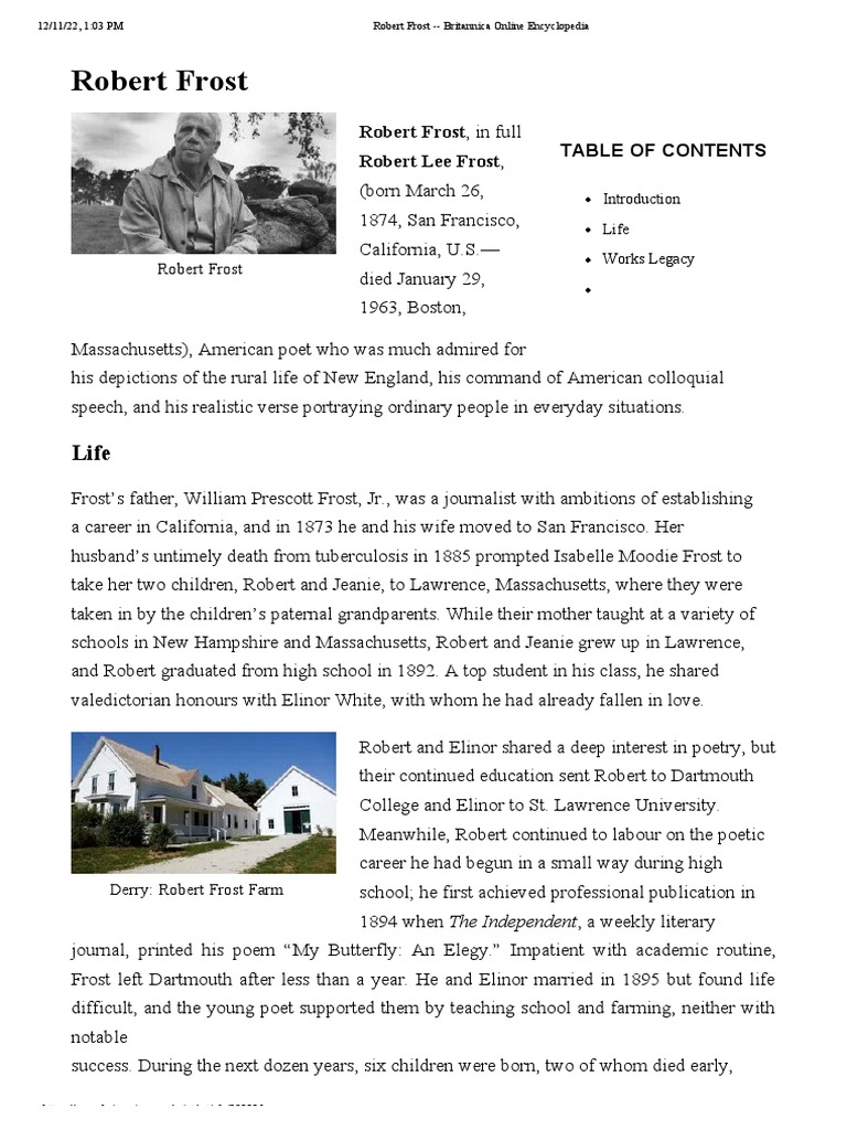 Robert Frost - Britannica Online Encyclopedia | PDF | Poetry | Poetic Form