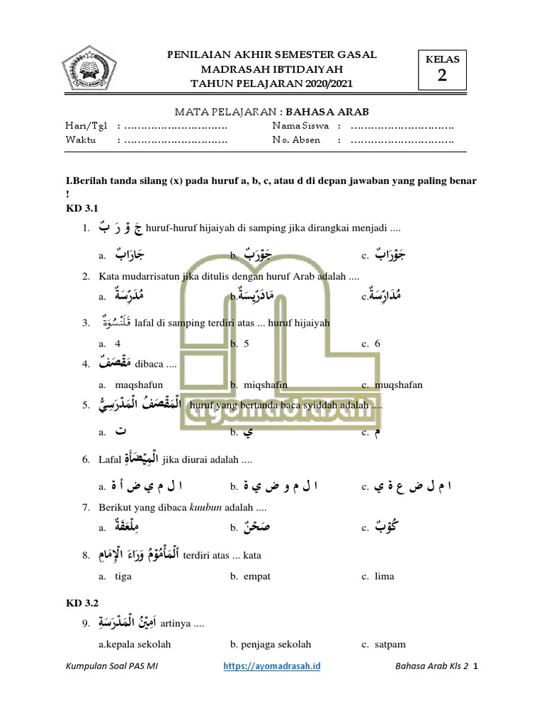 Soal PAS Bahasa Arab MI Kelas 2 | PDF