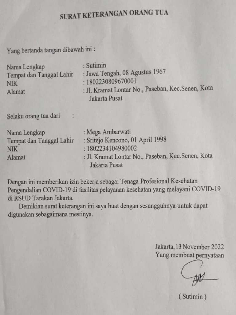 Surat Keterangan Orang Tua | PDF