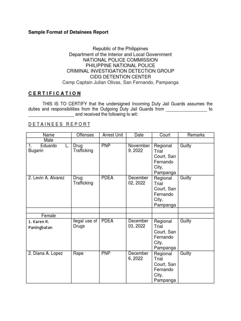 Sample Format of Detainees Report (1) 12 | Download Free PDF ...
