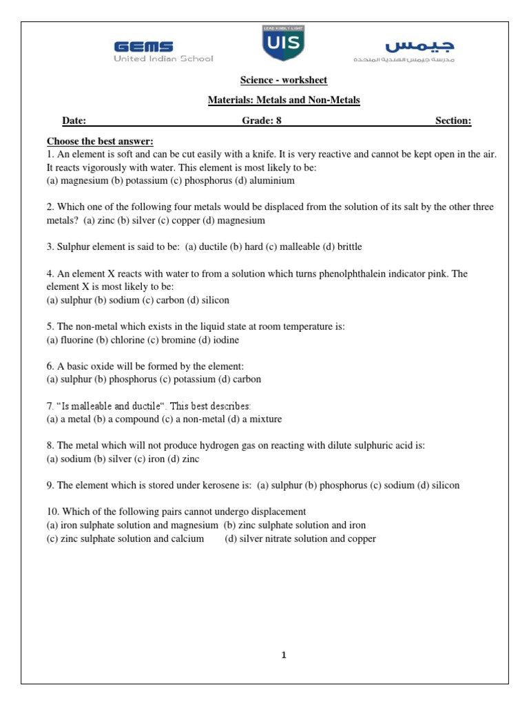 Metals and Non-Metals Worksheet | PDF | Oxide | Metals