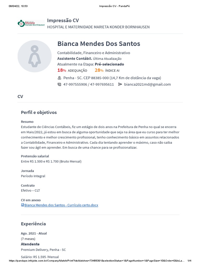 Currículo de Assistente Contábil Bianca Santos | PDF | Contabilidade | Economias